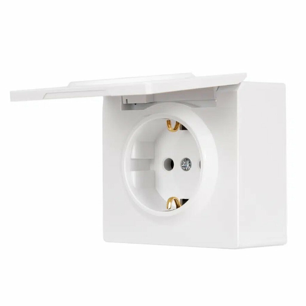 Розетка открытой установки, 1 гнездо, с заземлением, 16 А, 220 В, пластик, IP20, белая, с крышкой, Lezard, Leto, 752-0200-123B