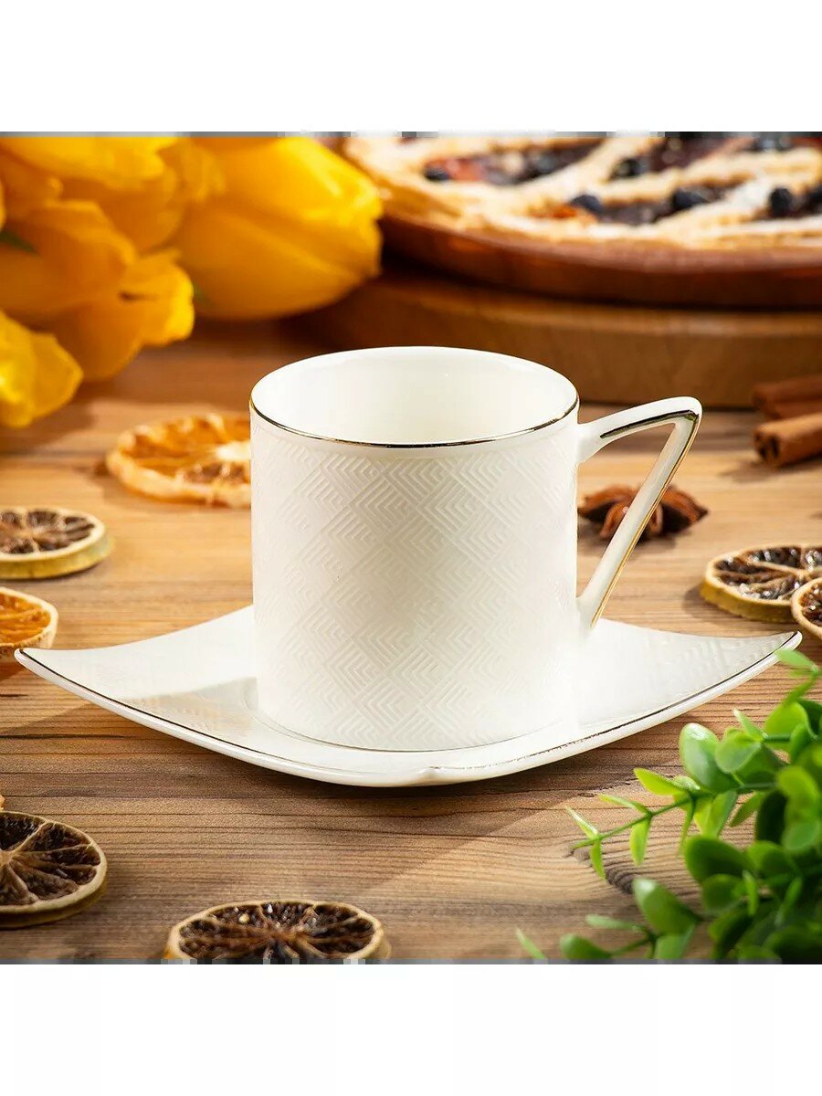 Чайная пара керамика, 2 предмета, на 1 персону, 200 мл, Daniks, Y4-4398, подарочная упаковка, белая