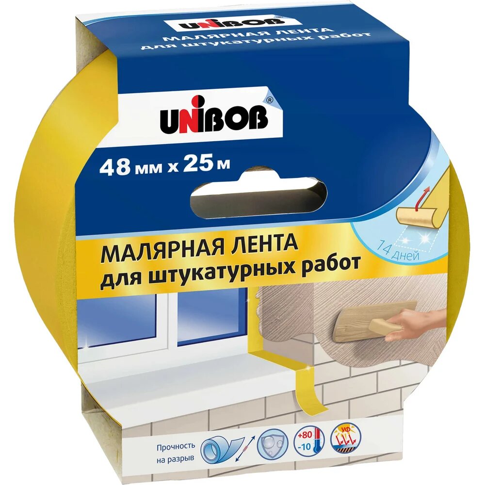 Unibob Клейкая лента малярная для штукатурных работ UNIBOB 48мм х 25м, желтая 90008