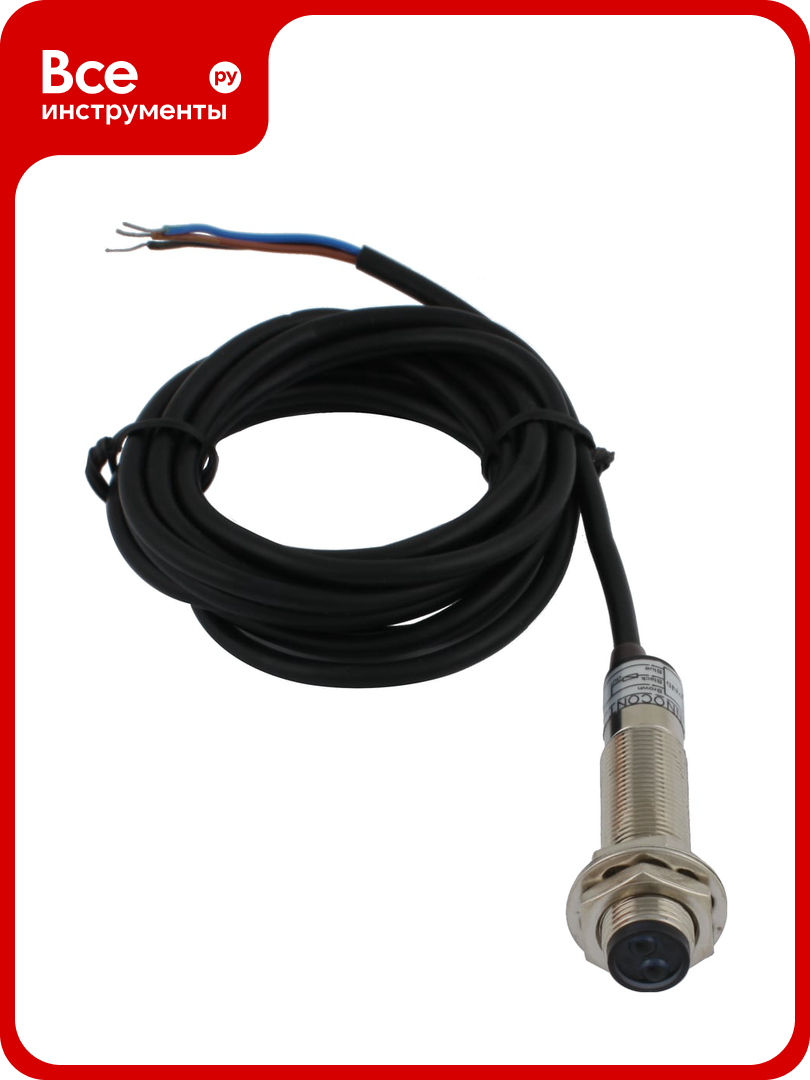 Диффузионный фотодатчик INNOCONT М12x1, зона срабатывания до 10 см, -10 +60 С, 12…24 VDC, IP67, выход: PNP NO, макс. ток 200 мА, время реакции 3 мс, кабель 2 м PES-D12-PO10D для измерения уровня