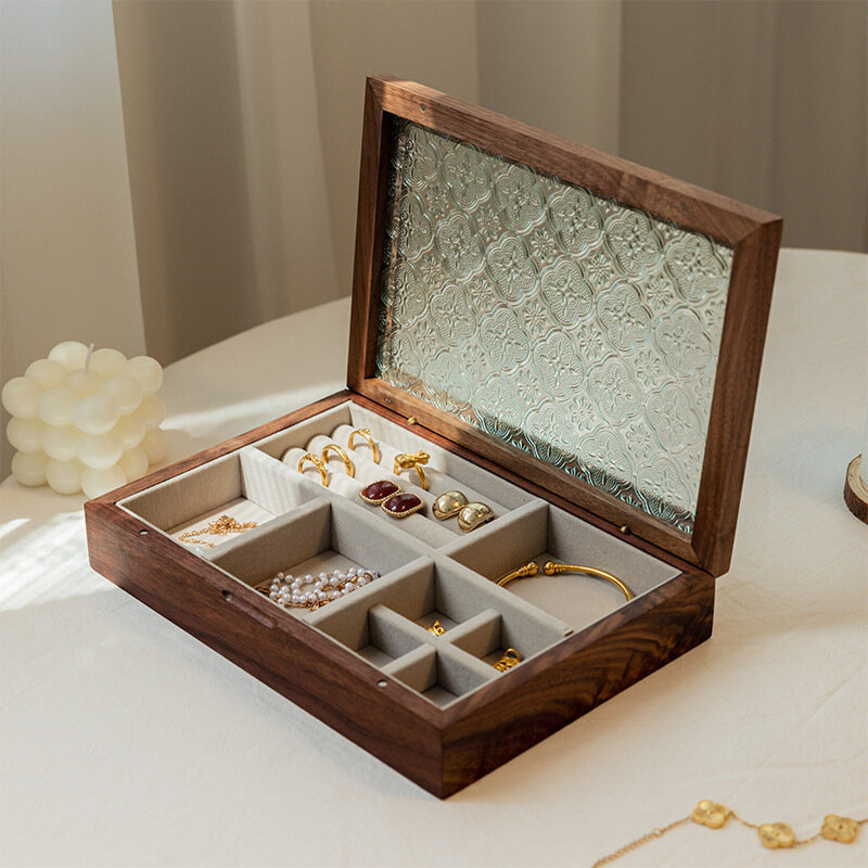 Шкатулка "Flora", для украшений, дерево, 2 отделения, Орехово-серый бархат