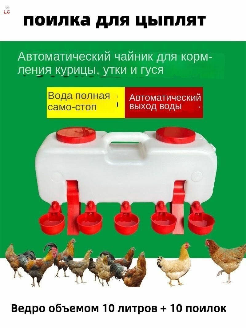 Поилка для кур, в комплект входят бочки и чаши, подходит для ферм и курятников Ведро объемом 10 литров + 10 поилок