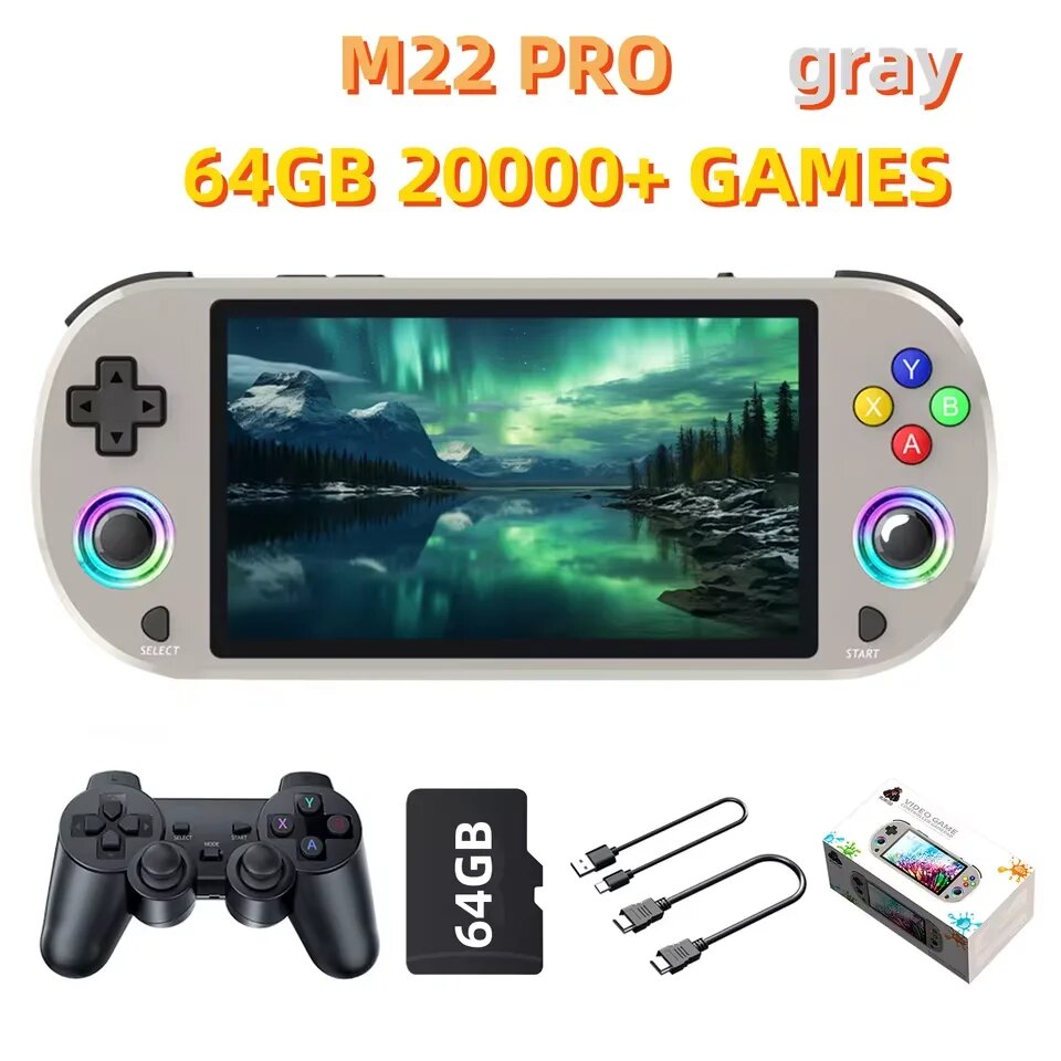 Новая портативная карманная портативная игровая консоль M22 Pro в стиле ретро, 128 ГБ, 5,0-дюймовый IPS-экран, дисплей 1920*1080, поддержка LINUX Emelec, 64GB gray