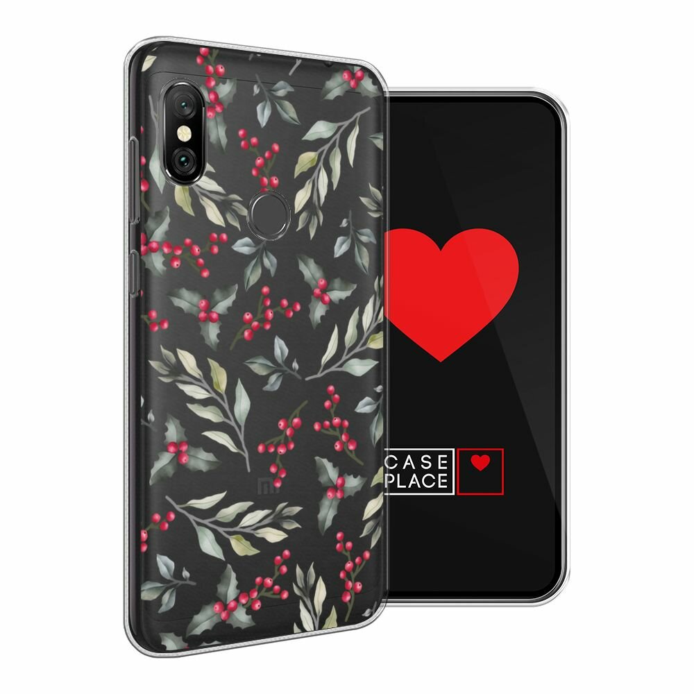 Чехол на Xiaomi Redmi Note 6 Pro / Сяоми Редми Нот 6 Про с принтом Зимние ягоды паттерн, прозрачный — фото 1