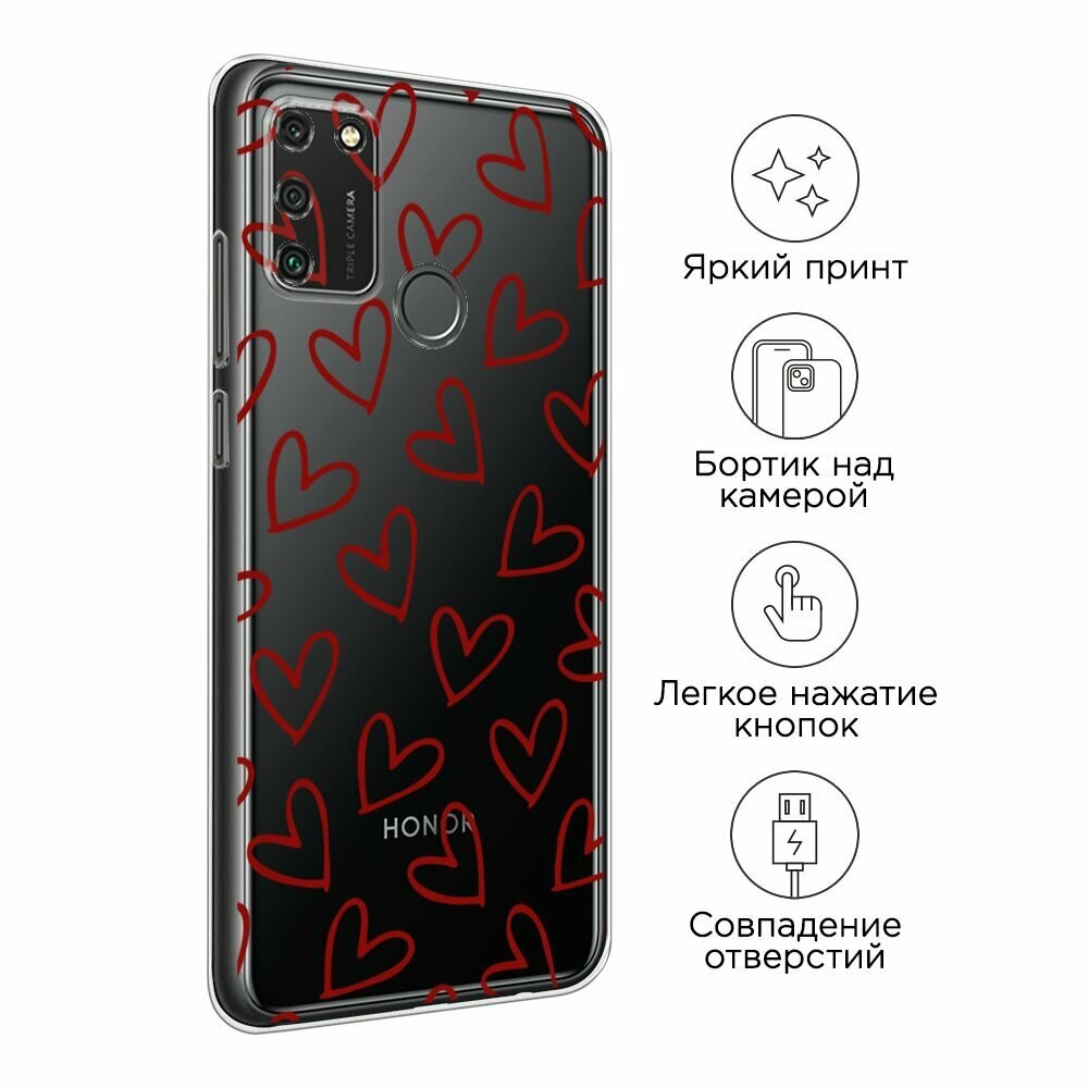 Чехол на Honor 9A / Хонор 9А с принтом "Little hearts doodles 2 - 14 февраля", прозрачный — фото 1