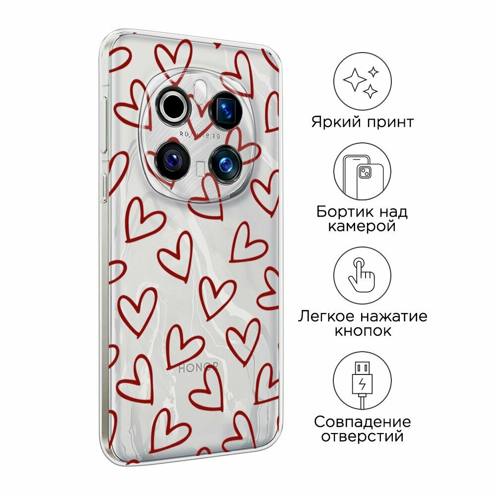 Чехол на Honor Magic 7 Pro / Хонор Мэджик 7 Про с принтом "Little hearts doodles 2 - 14 февраля", прозрачный — фото 1
