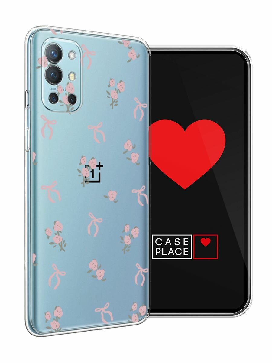 Чехол на OnePlus 9R / ВанПлас 9R с принтом "Розы и ленточки", прозрачный — фото 1