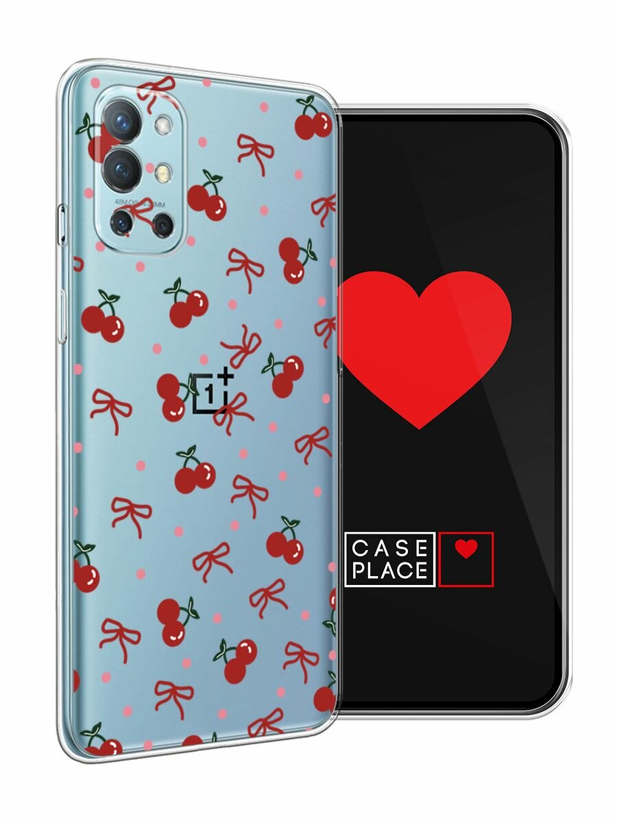 Чехол на OnePlus 9R / ВанПлас 9R с принтом "Вишни и ленточки", прозрачный — фото 1