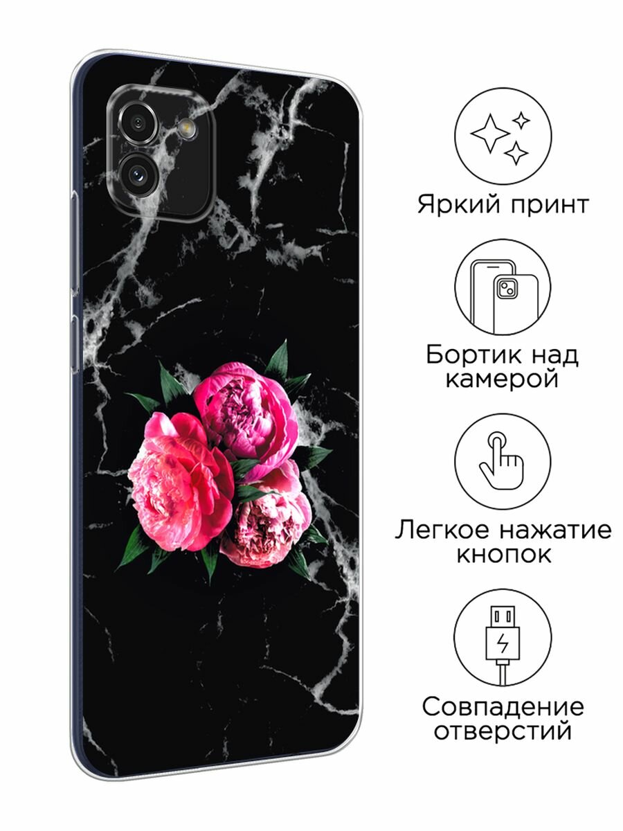 Чехол на Samsung Galaxy A03 / Самсунг Галакси А03 с принтом "Букет на черном мраморе" — фото 1
