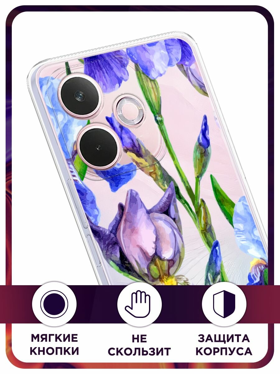 Чехол на Oppo A5 Pro / Оппо А5 Про с принтом "Синие ирисы", прозрачный — фото 1