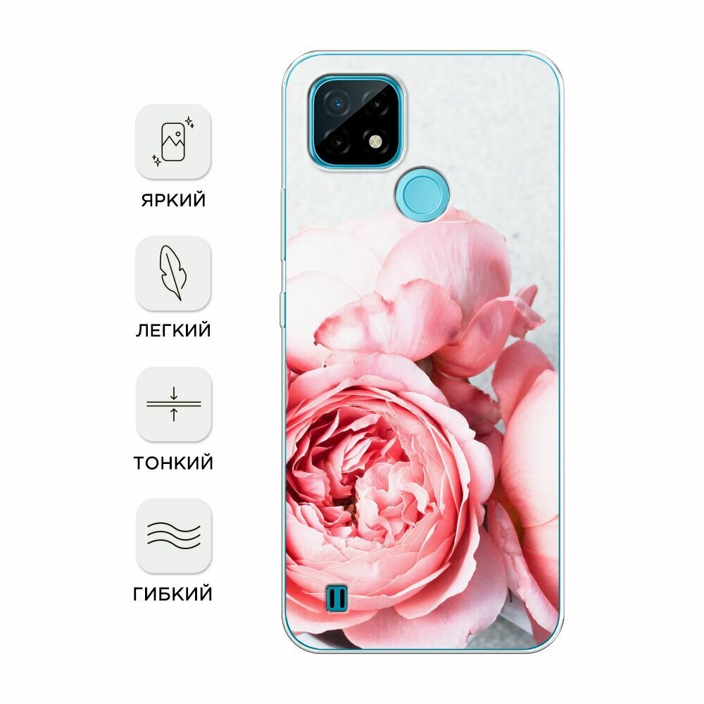 Силиконовый чехол на Realme C21 / Реалми С21 с принтом "Пионы на белом" — фото 1