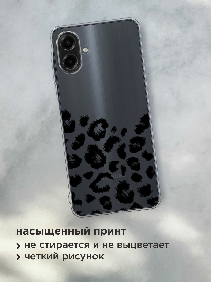 Чехол на Samsung Galaxy A07 / Самсунг А07 с принтом "Окрас леопарда фон черный", прозрачный — фото 1