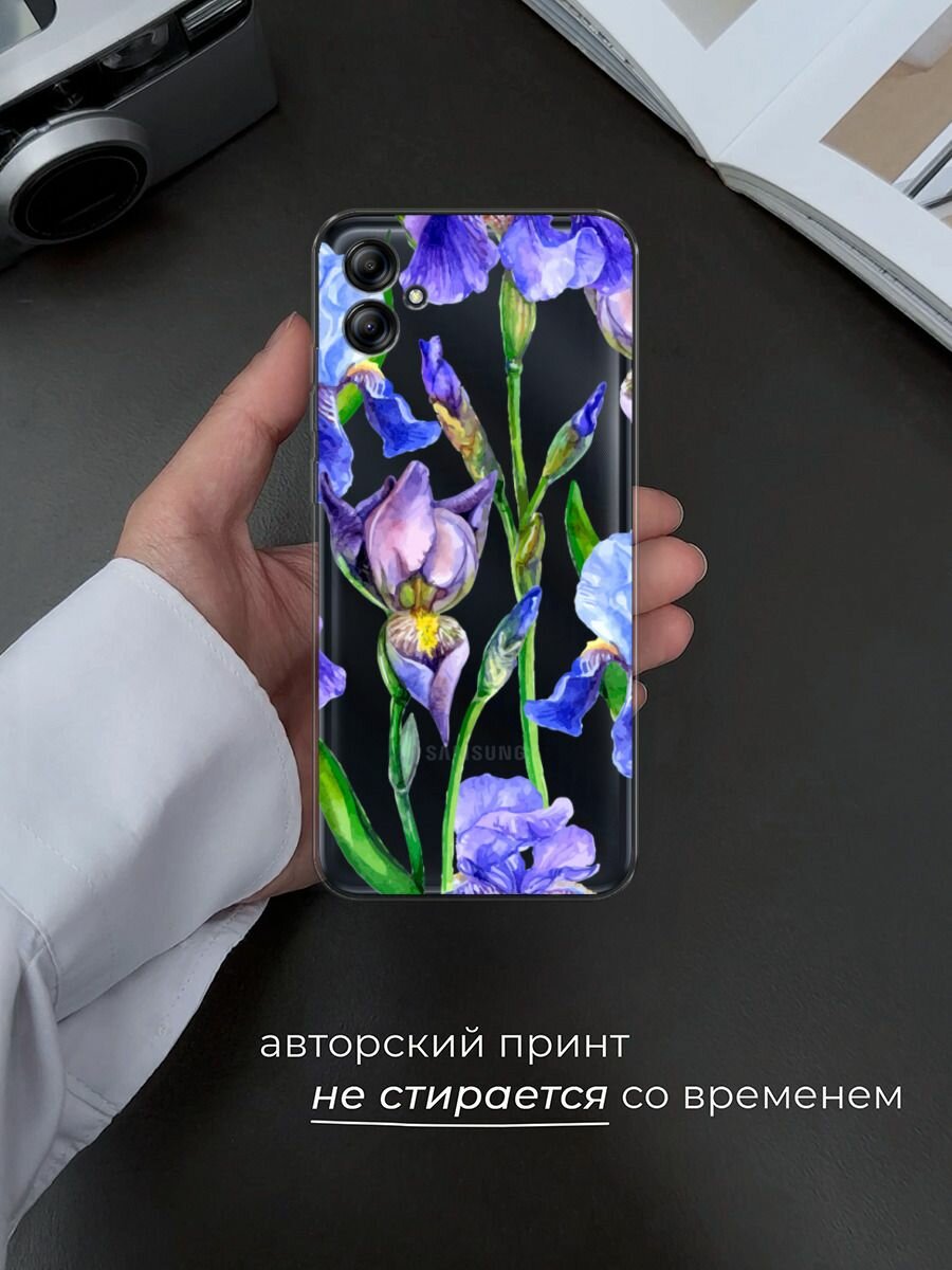 Чехол на Samsung Galaxy A04e / Самсунг A04e с принтом "Синие ирисы", прозрачный — фото 1