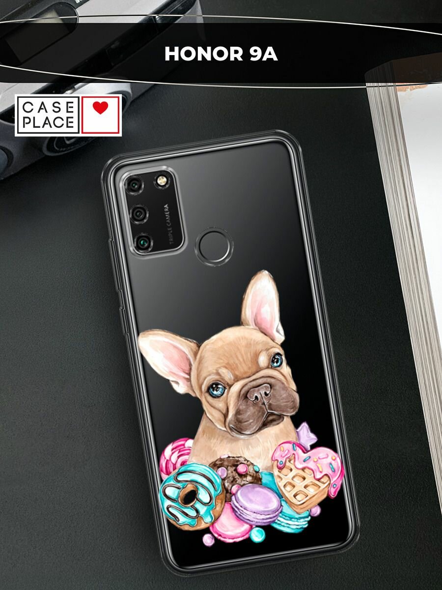 Чехол на Honor 9A / Хонор 9А с принтом "Бульдог и сладости", прозрачный