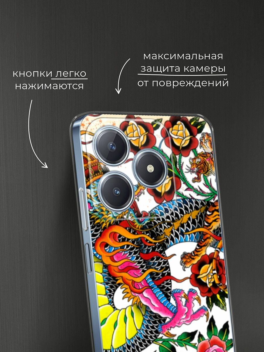 Чехол на Realme C63 / Реалми С63 с принтом "Дракон в цветах" — фото 1