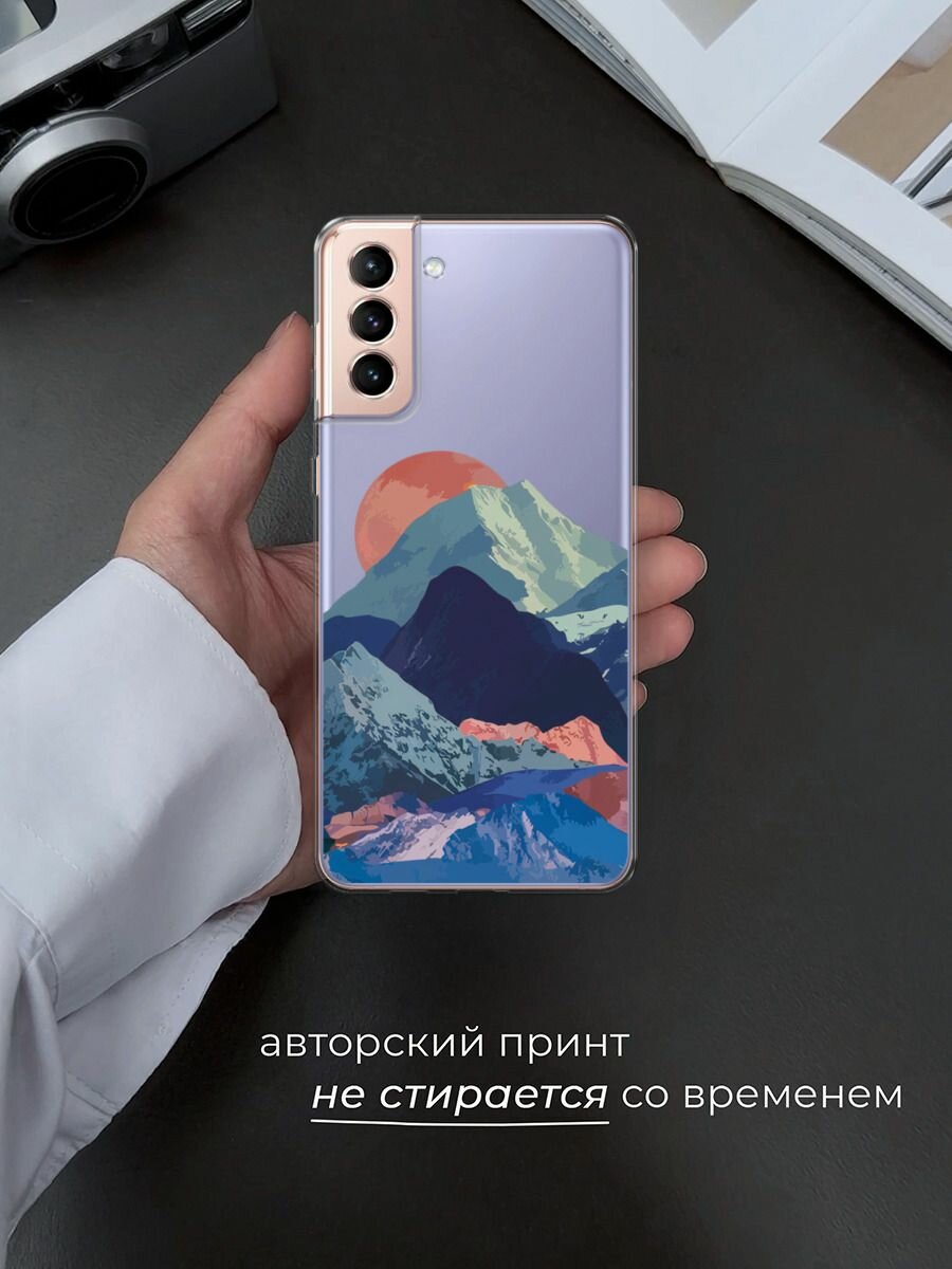 Чехол на Samsung Galaxy S21 + / Самсунг Галакси S21 Плюс с принтом "Закат в снежных горах", прозрачный — фото 1