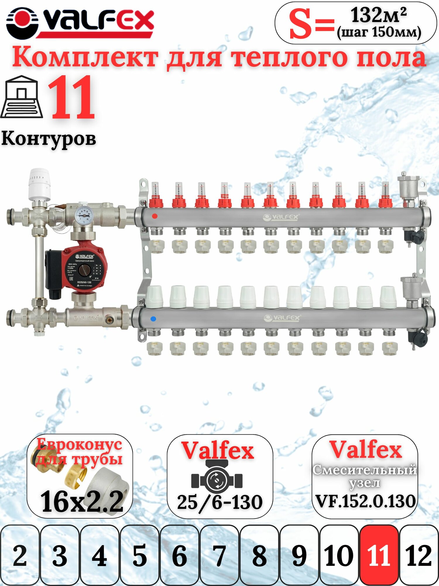 Комплект тёплого пола на 11 контуров VALFEX (Коллектор на 11 выходов+Насос+НСУ c байпасом+Евроконусы 16х2,2)