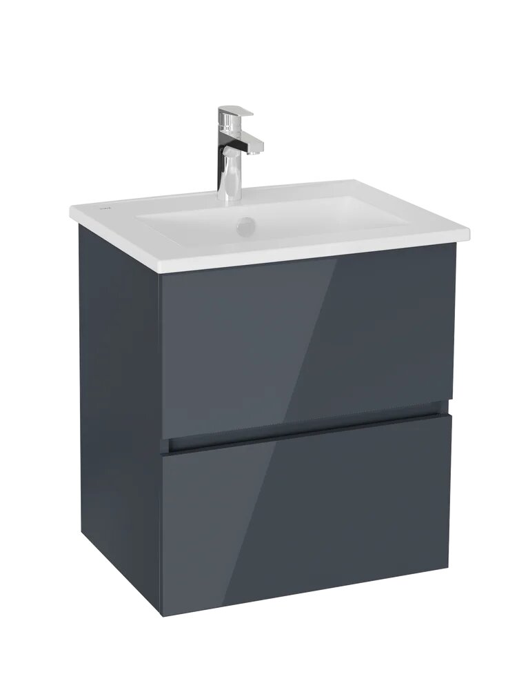 Тумба с раковиной VitrA Mia Plus Square 60 подвесная, 60 см, серая, черная, глянцевая, из МДФ, с ящиками, раковина для ванной, фарфоровая, прямоугольная