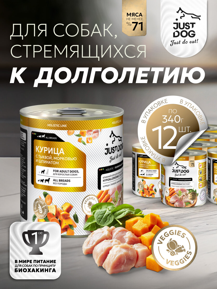 Влажный корм Just Dog Holistic, для собак, курица, тыква, морковь, шпинат, 340г, 12шт