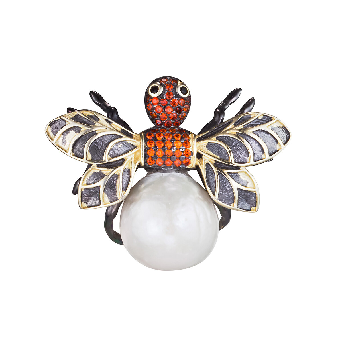 Брошь, серебро, 925 проба, золочение, жемчуг культивированный, фианит