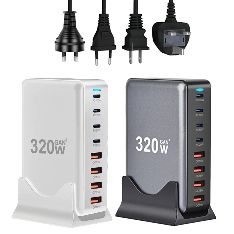 Блок зарядного устройства USB C мощностью 320 Вт, 8-портовая зарядная станция USB, блок питания PD GaN III Pro 100 Вт для MacBook Pro/Air, iPad Pro/Air, Sumsung, 320W White, Европейский Союз (ЕС)