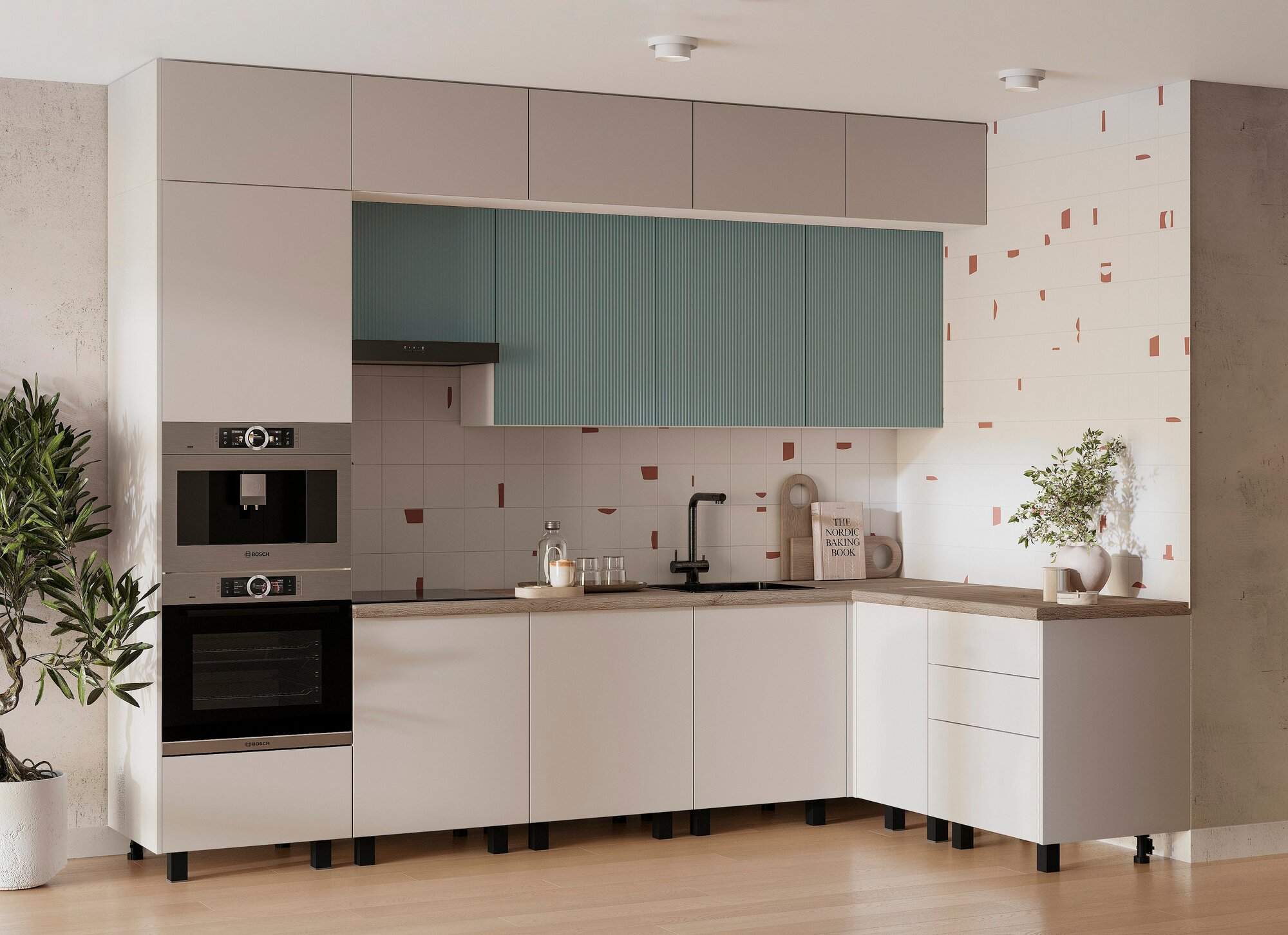 Угловая кухня со столешницей 3000х1670 мм, ЛДСП Белый/Кашемир/МДФ Шарли бриз