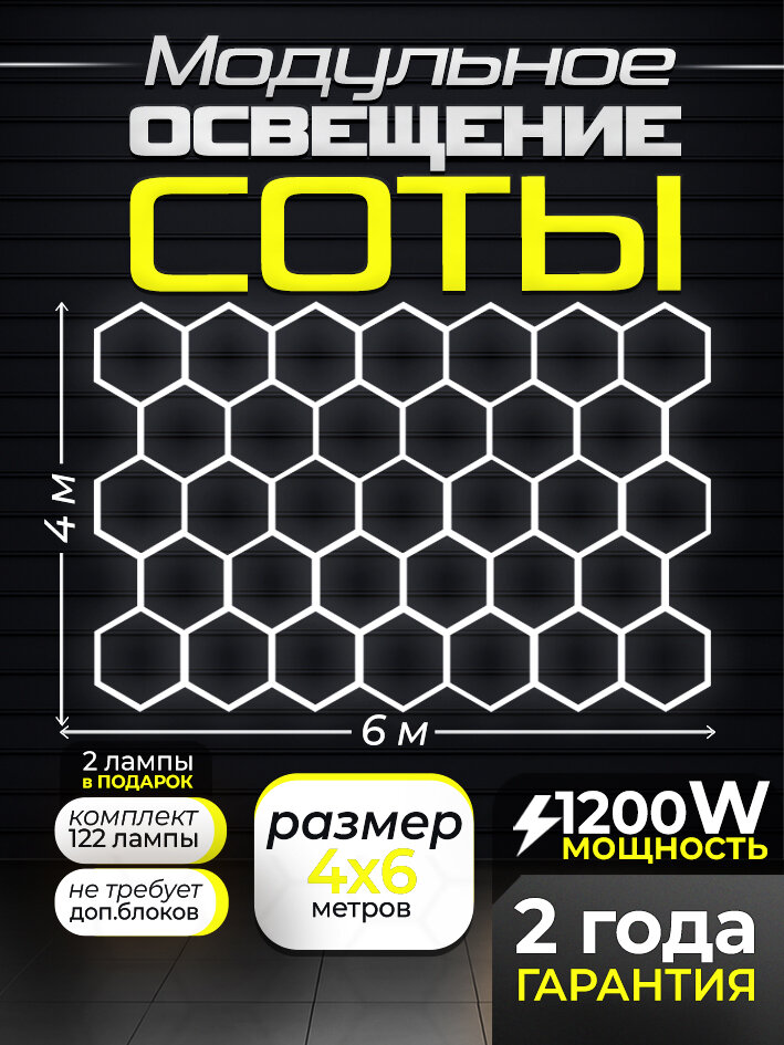 Комплект модульное освещение соты 6х4м 1200W для детейлинга или гаража