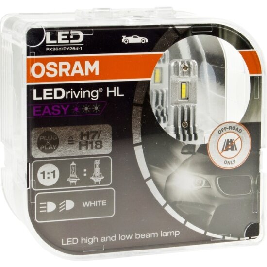 Лампа автомобильная Osram LED White LEDriving HL Easy H7/H18 PX26d/PY26d-1 6000K 12V, 2шт, 64210DWESY-2HB