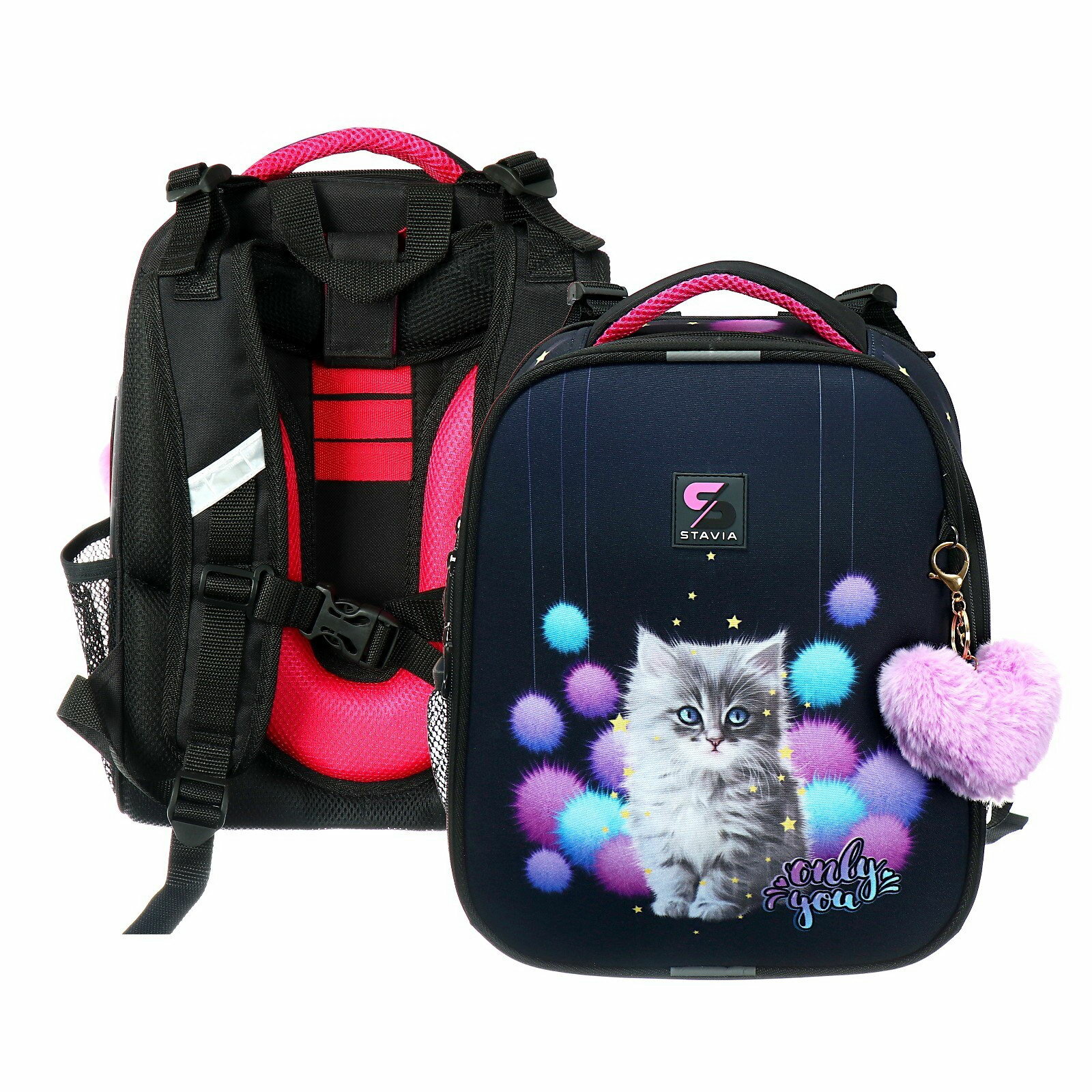 Рюкзак каркасный школьный 38x30x16 см, эргономичная спинка, "Котёнок в пушках", чёрный