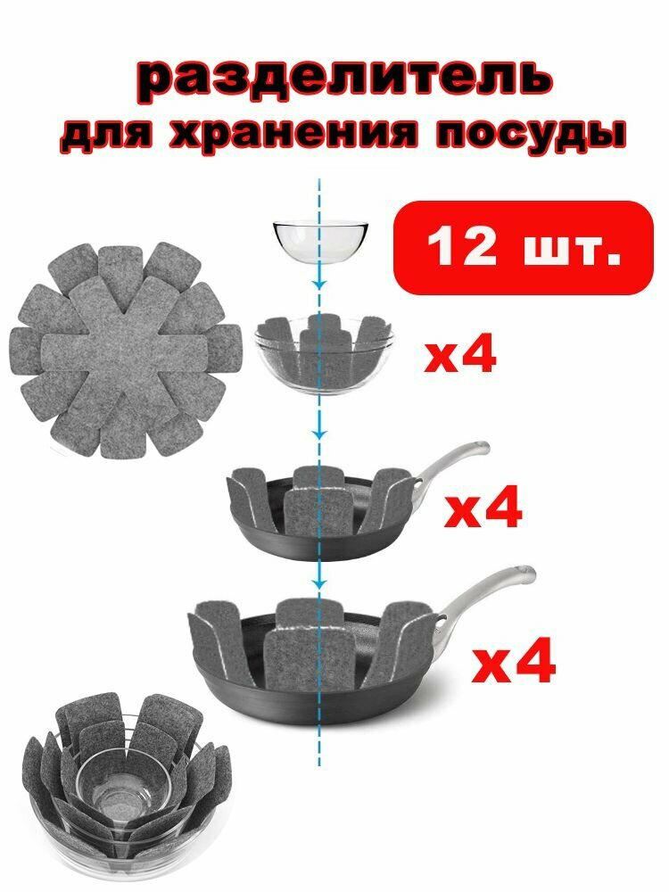 Вкладыш / разделитель для хранения посуды, органайзер для сковородок. Набор 12 шт.