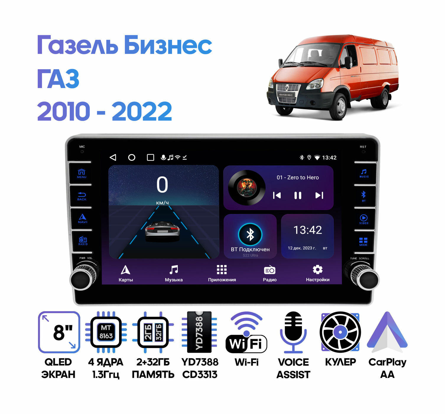 Штатная магнитола ГАЗ Газель Бизнес GAZ Gazelle Business 2010 - 2022 / Android 9, 8 дюймов, WiFi, 2/32GB, 4 ядра