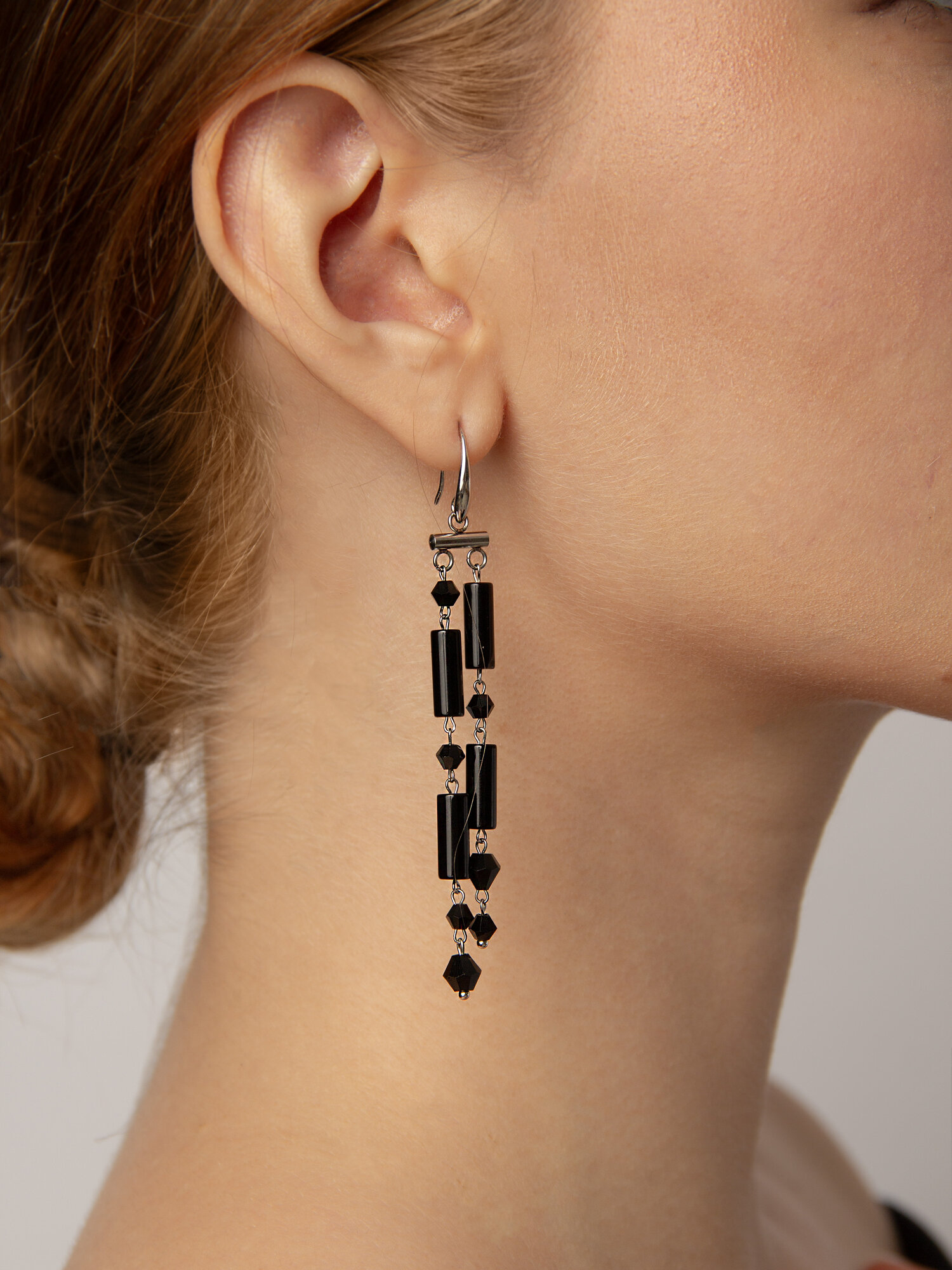 Серьги двусторонние, с подвесками, стекло, агат