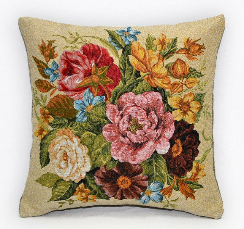Наволочка Декоративная Гобеленовая 32х32 "Букет июнь пионы" на молнии, для Интерьера