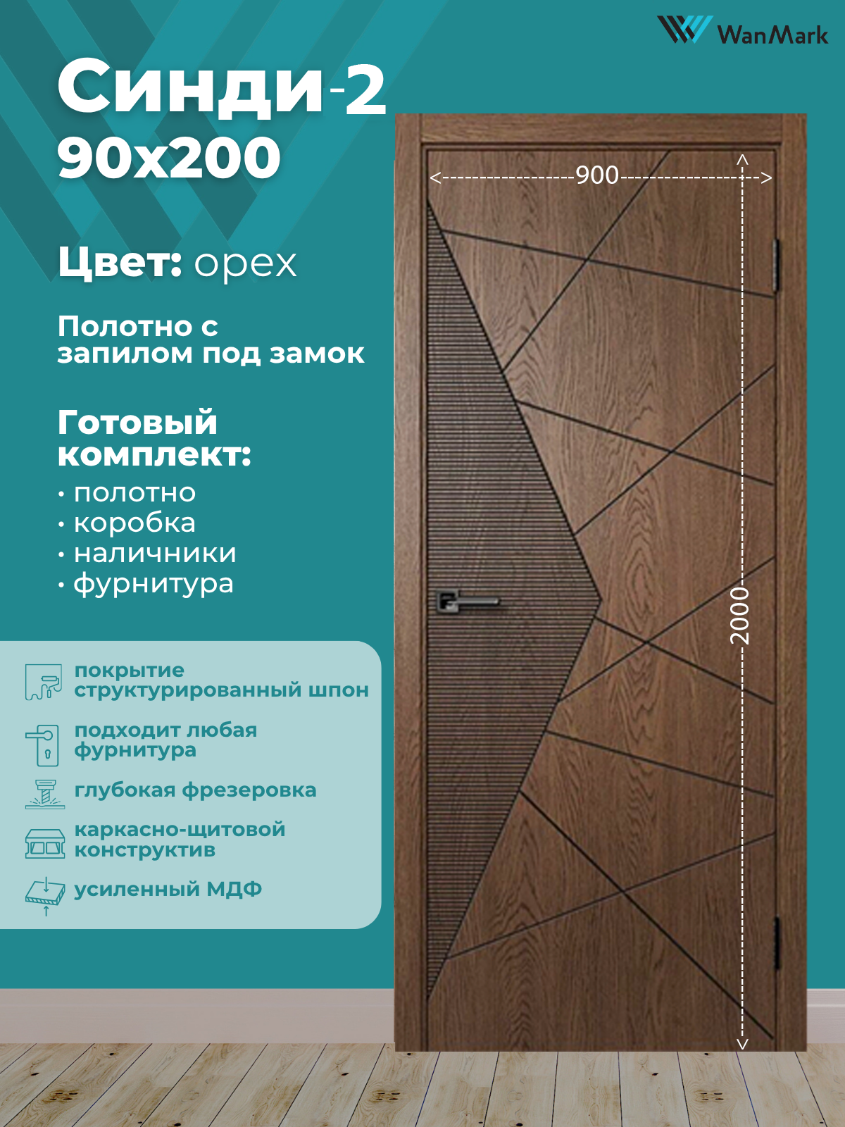 Дверь межкомнатная Синди-2 шпон цвет Орех с врезкой под замок 900х2000мм, в комплекте с коробкой и наличниками и фурнитурой