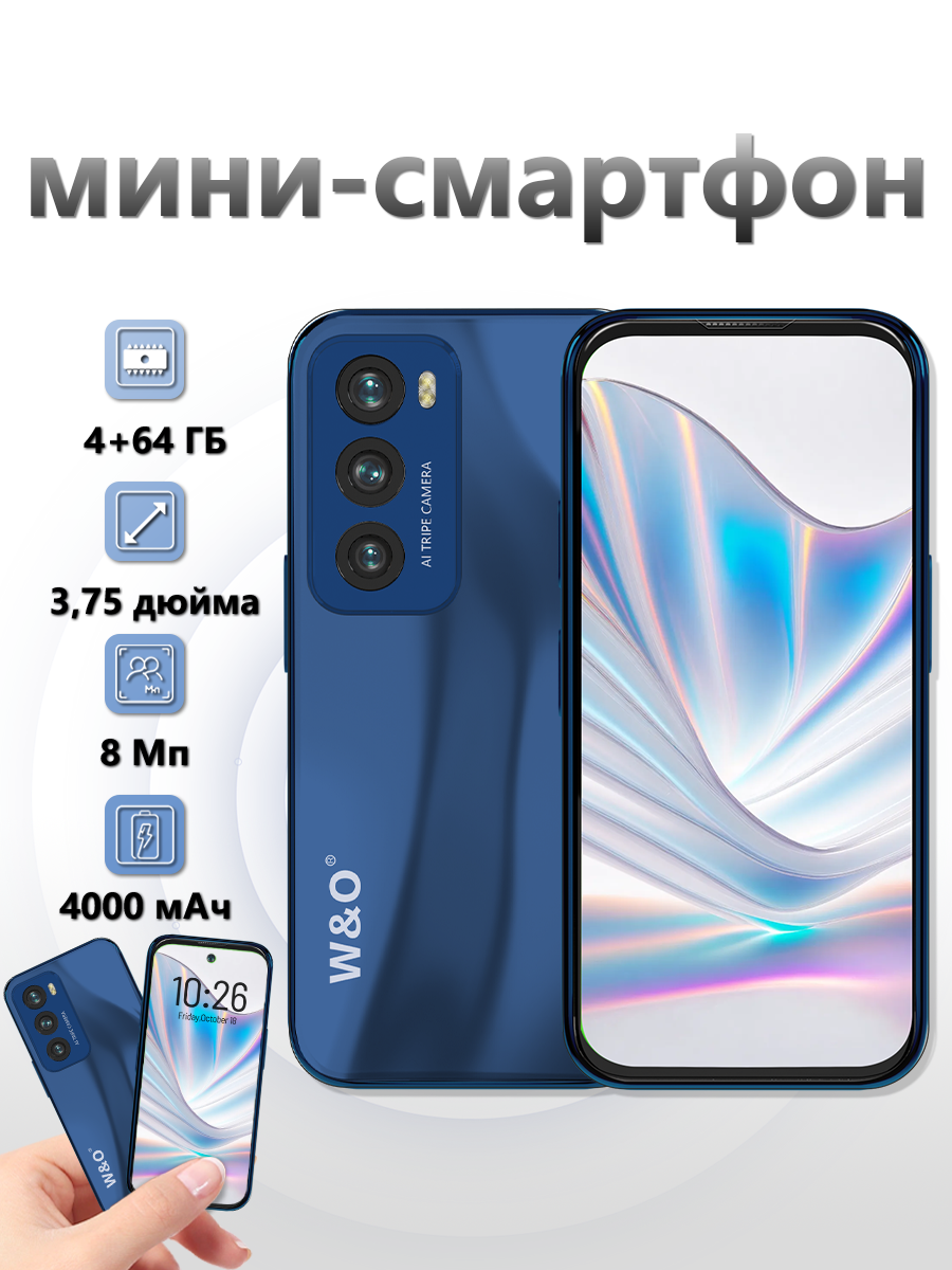 Мини-смартфон для детей 3,75"4+64 ГБ | Батарея 4000 мАч, Андроид 10 Тёмно-синий