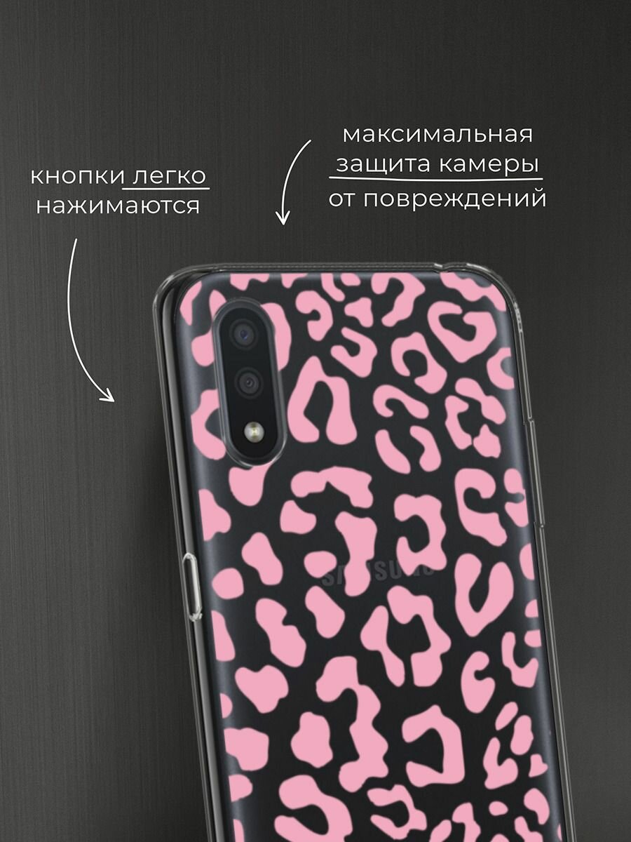 Чехол на Samsung Galaxy A01 / Самсунг Гэлакси А01 с принтом Паттерн розовый леопард, прозрачный — фото 1