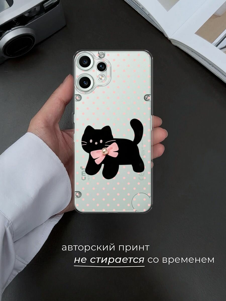 Чехол на CMF Phone 2 Pro / CMF Фон 2 Про с принтом Черный котик с бантом, прозрачный — фото 1