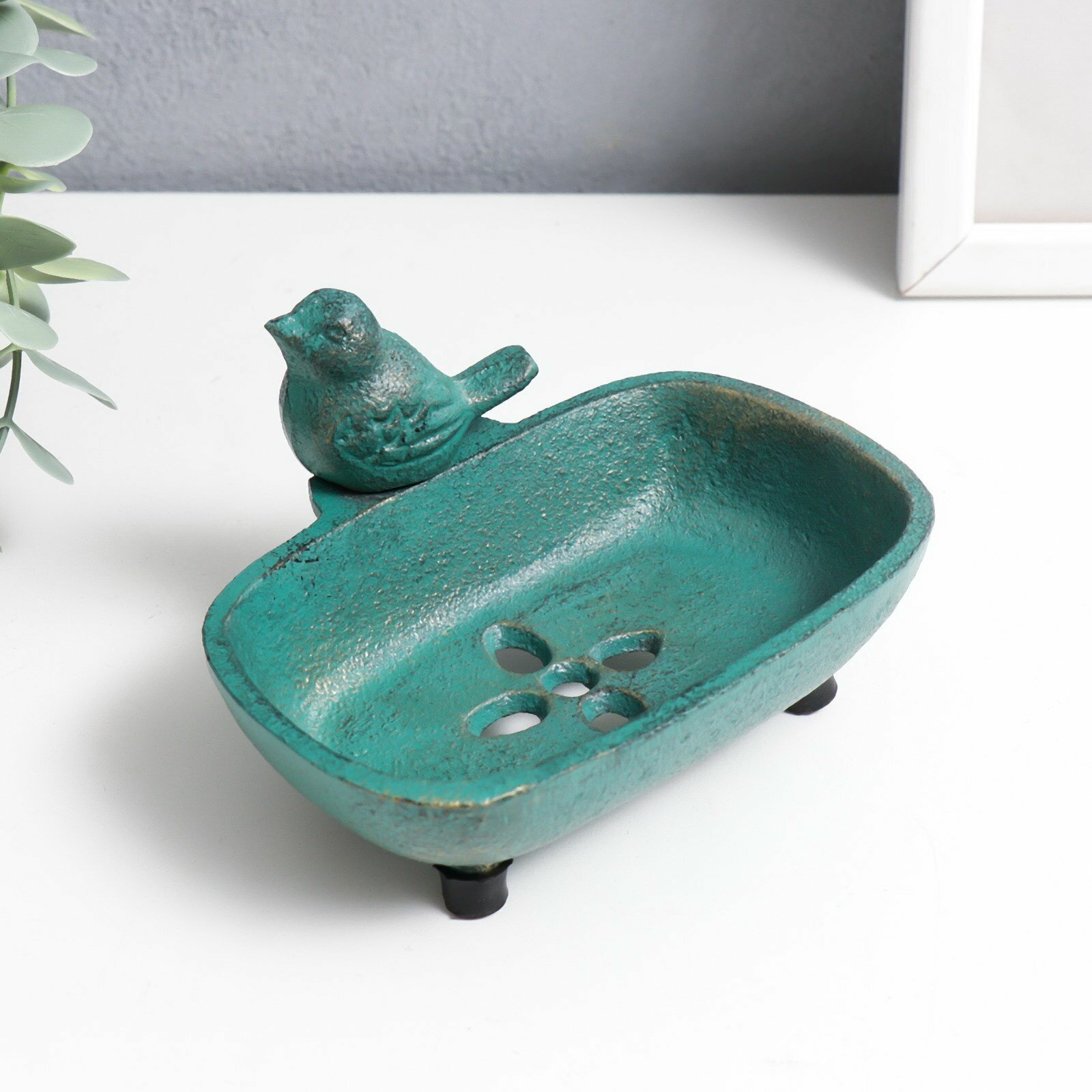 Фигурка - мыльница чугун "Воробушек", патина, 7.2x12.8x10 см