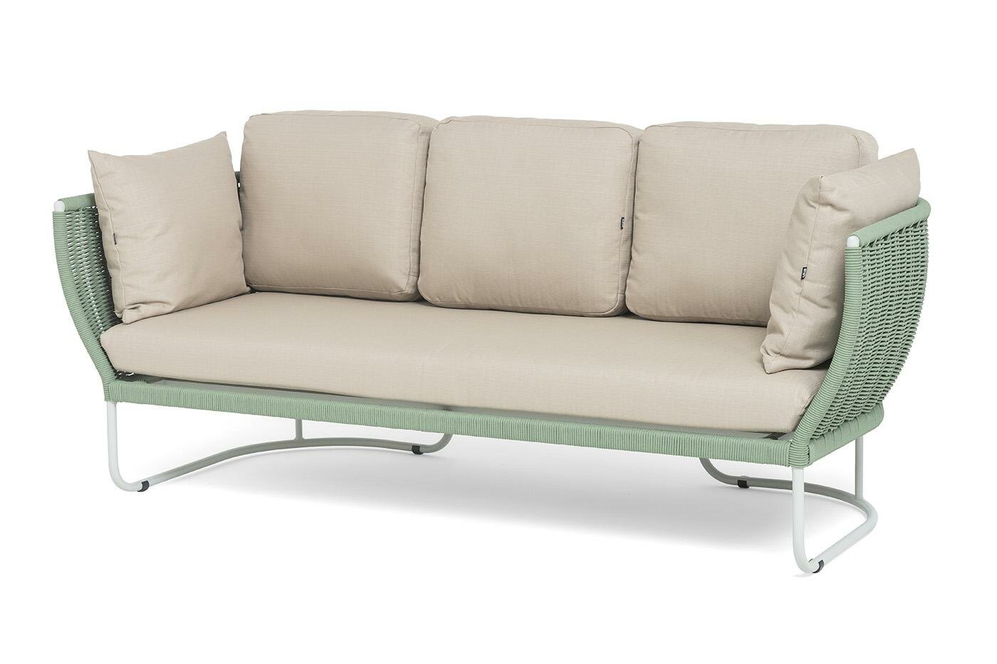 Диван 4SIS "Фиджи" диван 3-местный плетеный из роупа, каркас алюминий светло-серый (RAL7035) муар, роуп зеленый (4204) круглый tex, ткань Mossle бежевая арт. FID-S-3-002 RAL7035 Mua T-green4204(beige160)