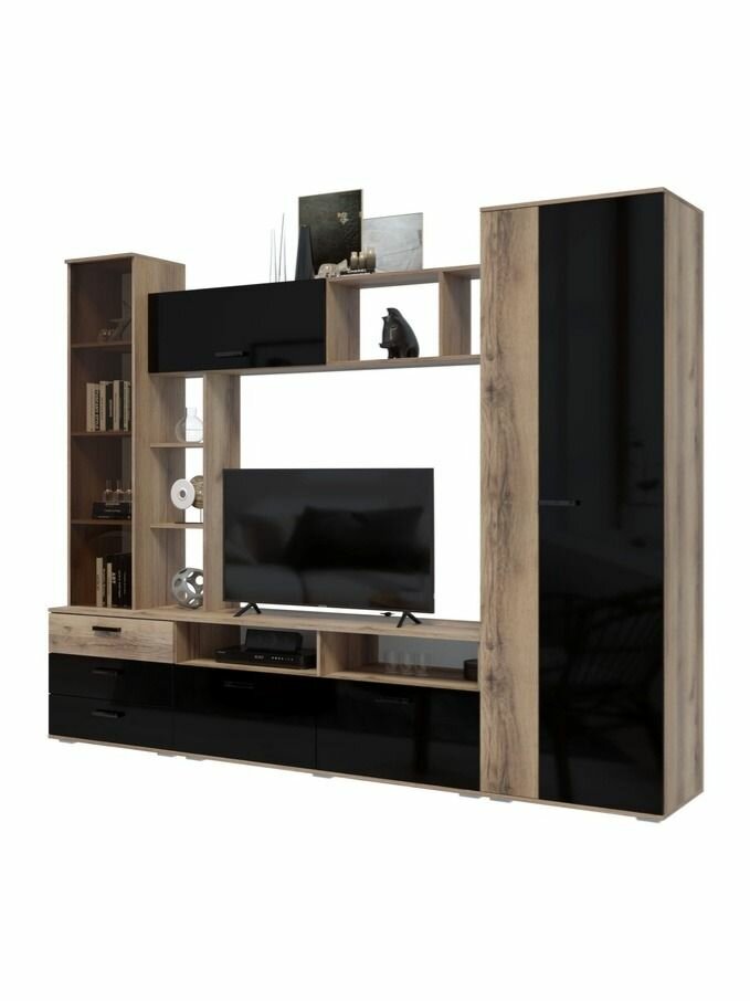 Стенка для гостиной Крокус корпус Дуб Делано + фасад Черный глянец (Эра)