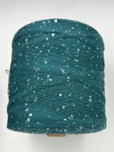 Пряжа Пайетки 3мм на хлопке (раффинато) 208-1 темная бирюза с прозрачными пайетками т6г (200г/1500м)