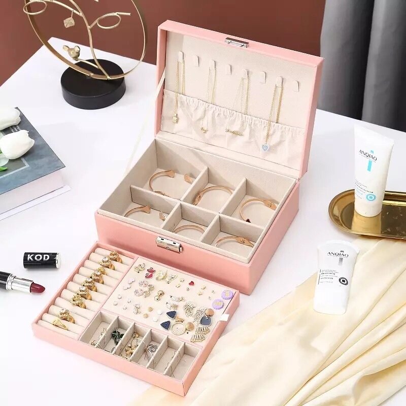 Шкатулка для украшений, 2 Слоя, Коробка Для Хранения С Замком, Коробка Для Хранения Ювелирных Изделий, 23 X 17 X 9 СM, розовый,1 -kpa