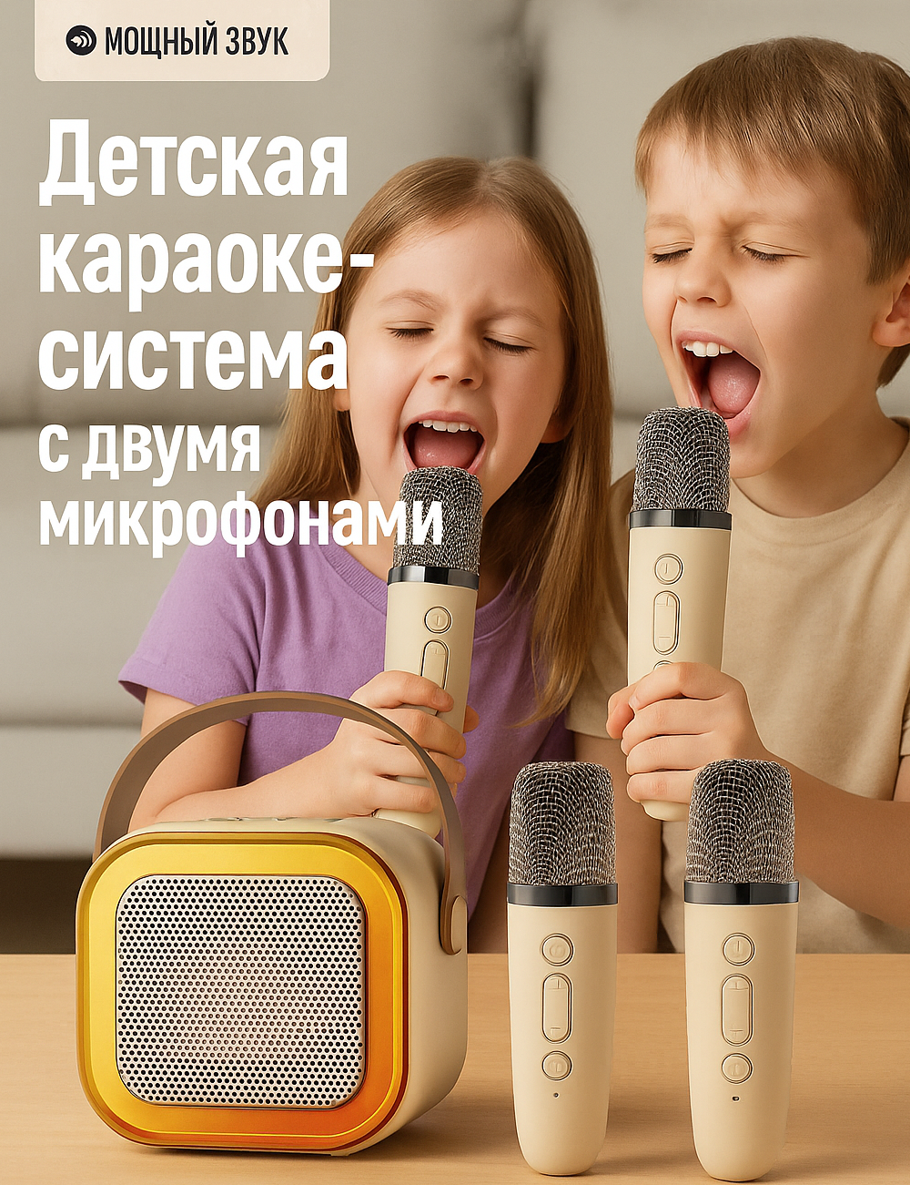 Детская караоке-система с двумя микрофонами и Bluetooth колонкой, Бежевый
