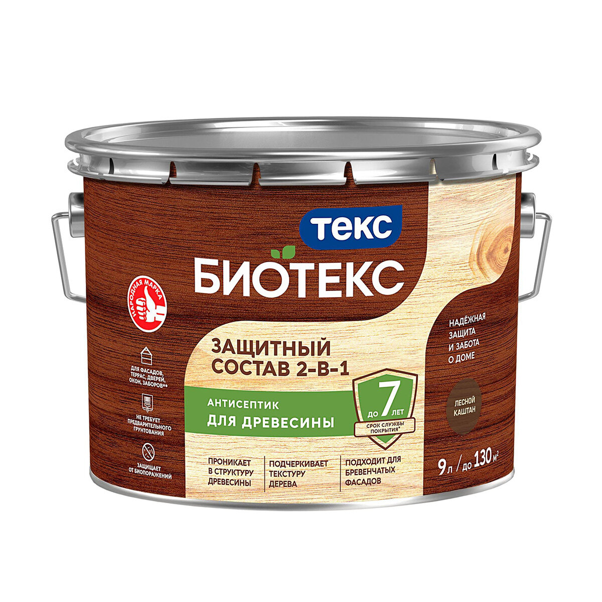 Антисептик для древесины Bioteks лесной каштан, защитный состав 2в1, 9 л