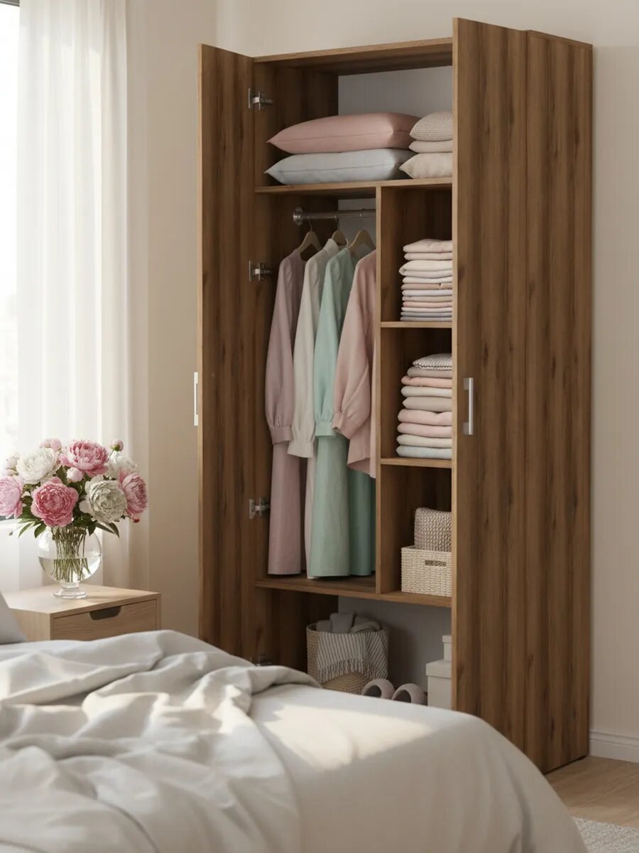 Деревянный шкаф FRESTER распашной с полками для одежды в спальню, от производителя