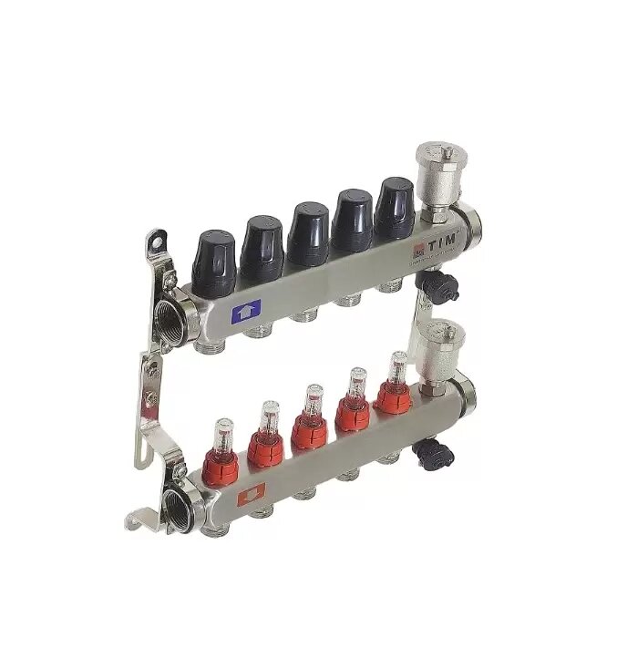 Коллекторная группа TIM (KCS5004) 1" ВР-ВР, 4 отвода 3/4", нержавеющая сталь, расходомер, воздухоотводчик, сливной кран
