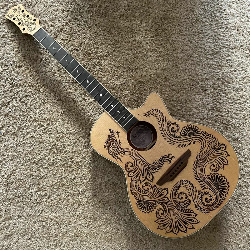 Американский бренд LUNA - акустическая гитара 40" с резным драконом, корпус из ламината, полуфабрикат для DIY