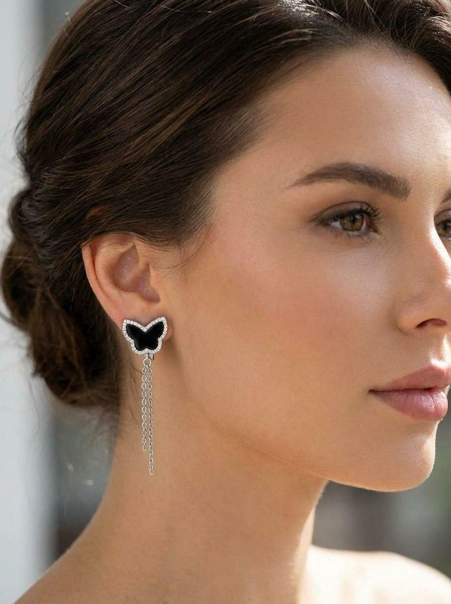 Серьги с подвесками, серебро, 925 проба, родирование, оникс, циркон