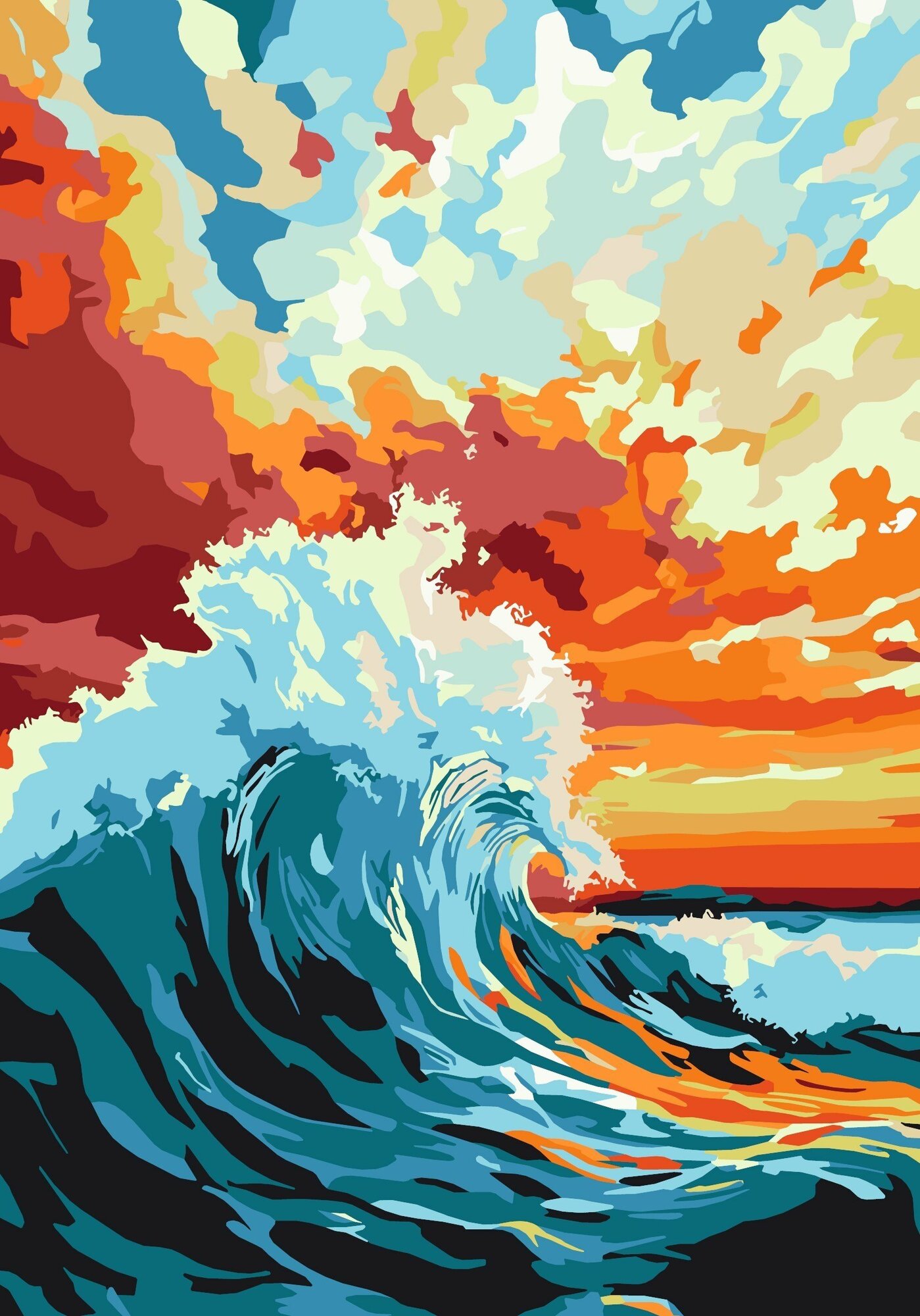 Картина-раскраска по номерам. Волна и багровый закат