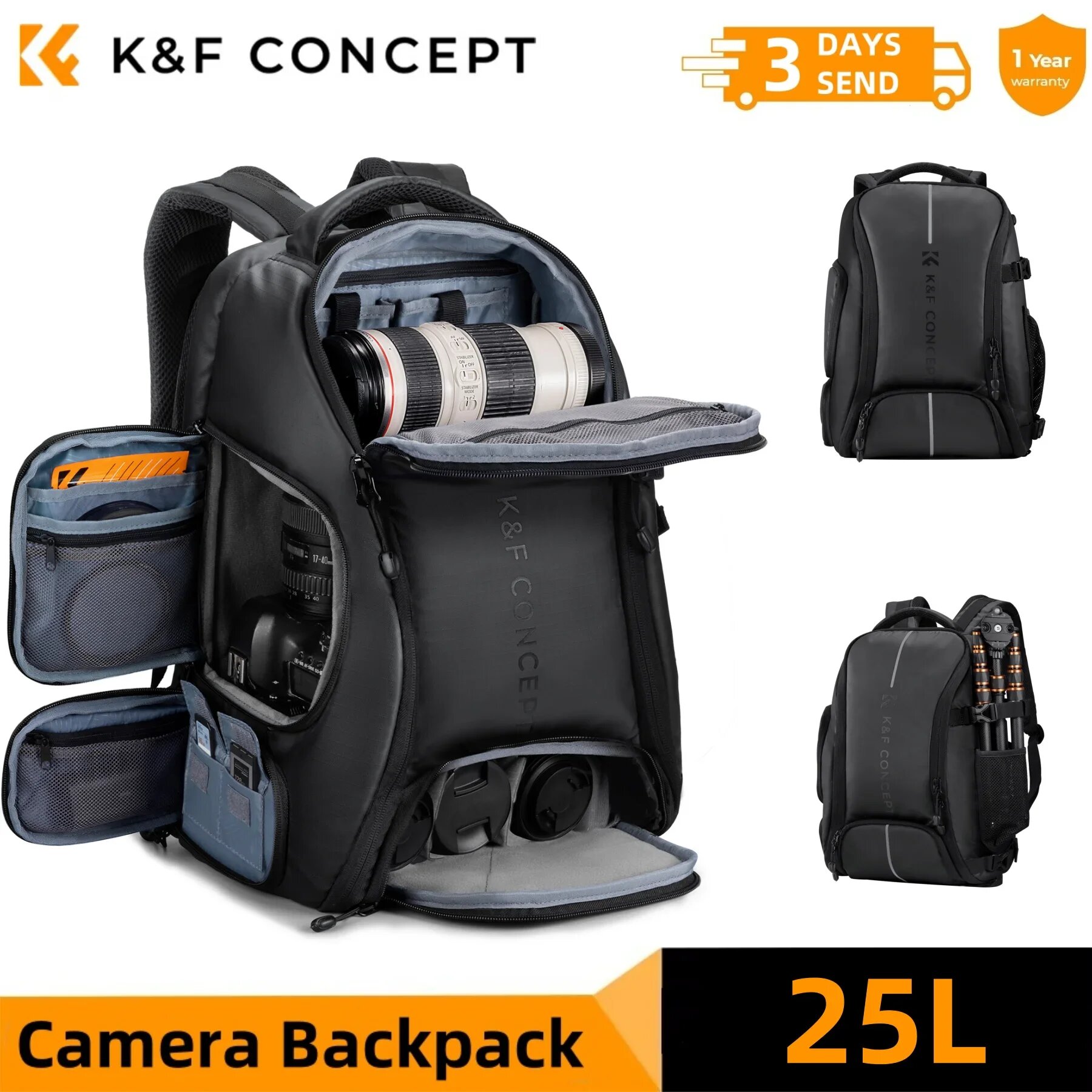 Рюкзак для фотоаппарата K&F CONCEPT 25L Black